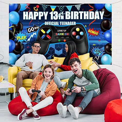 Happy 13th Birthday Video Game Backdrop Banner, Level 13 Up Birthday Background with Game Controller Print Gaming Theme for Photography, Photo Props, Video Game Party Wall Decoration (Blue)