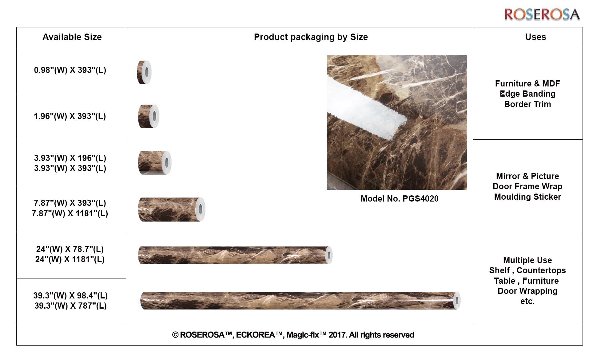ROSEROSA Peel and Stick PVC Marble Self-Adhesive Wallpaper Covering Counter Top Shelf Liner Emperador (PGS4020 : 2.00 Feet X 6.56 Feet)