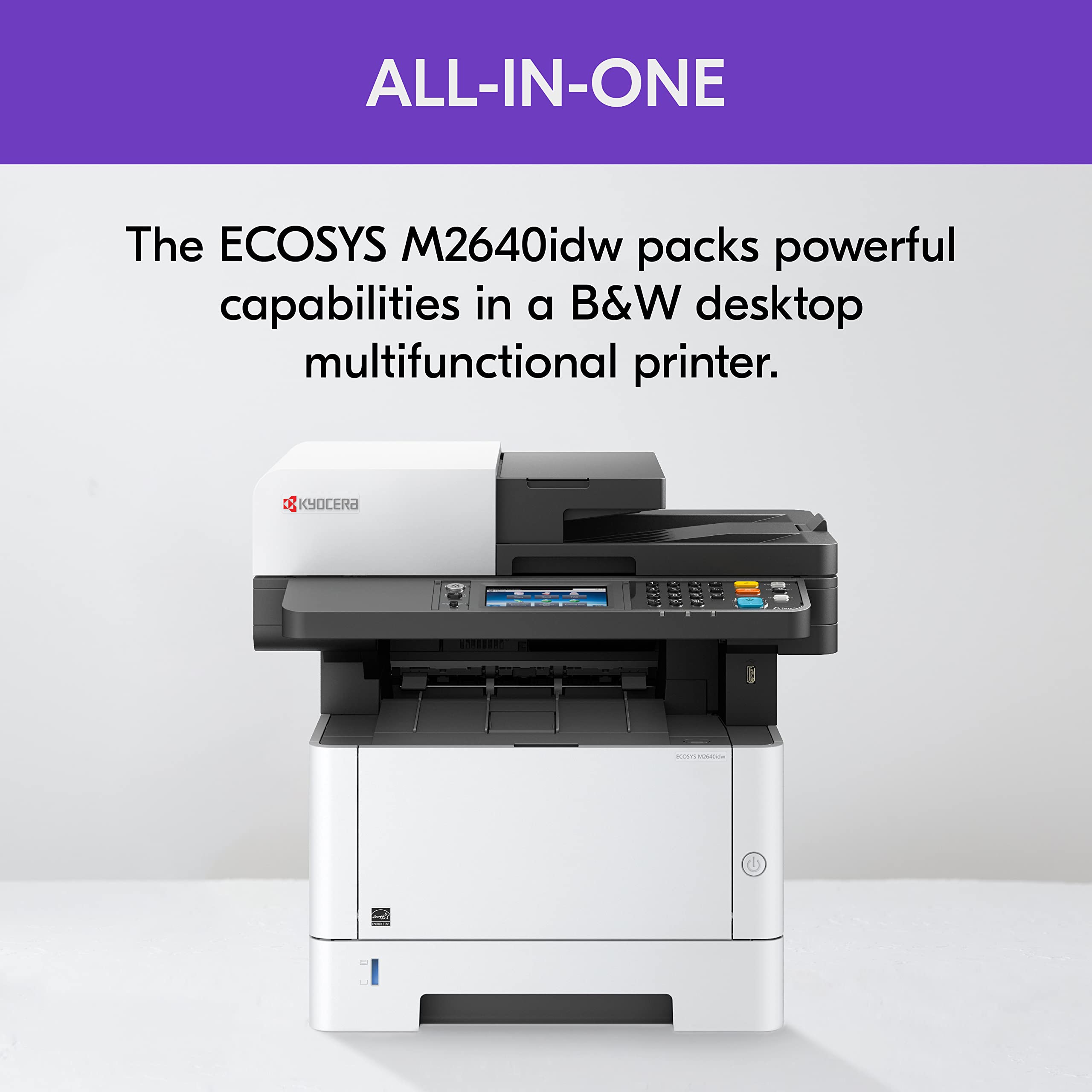 Kyocera 1102S52US0 Model M2640idw Monochrome Multifunctional Laser Printer (Print, Copy, Color Scan and Fax), 52 PPM B&W, Print Resolution 600 x 600 DPI Up To Fine 1200 DPI, Wireless (HyPAS capable)