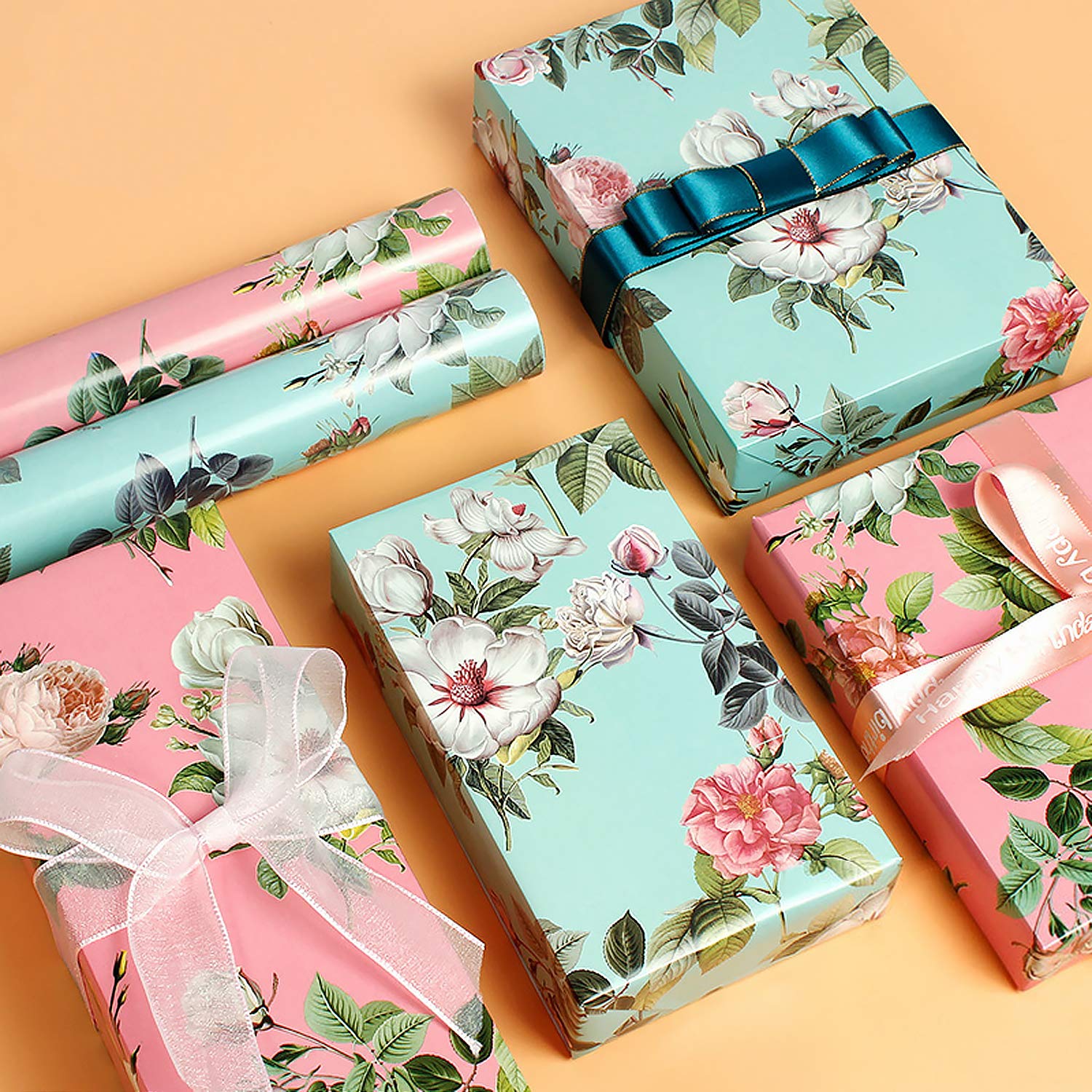 PLULON 6 Sheets Floral Birthday Gift Wrapping Paper, Wrapping Paper for Wedding, Birthdays, Valentines, Christmas