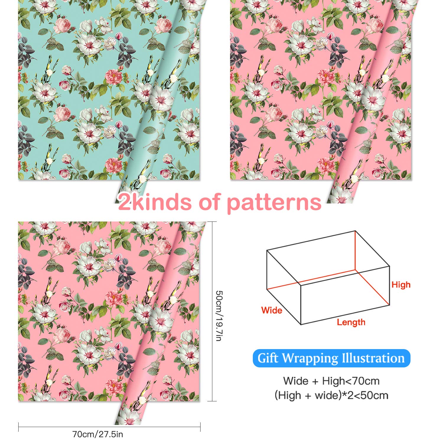 PLULON 6 Sheets Floral Birthday Gift Wrapping Paper, Wrapping Paper for Wedding, Birthdays, Valentines, Christmas