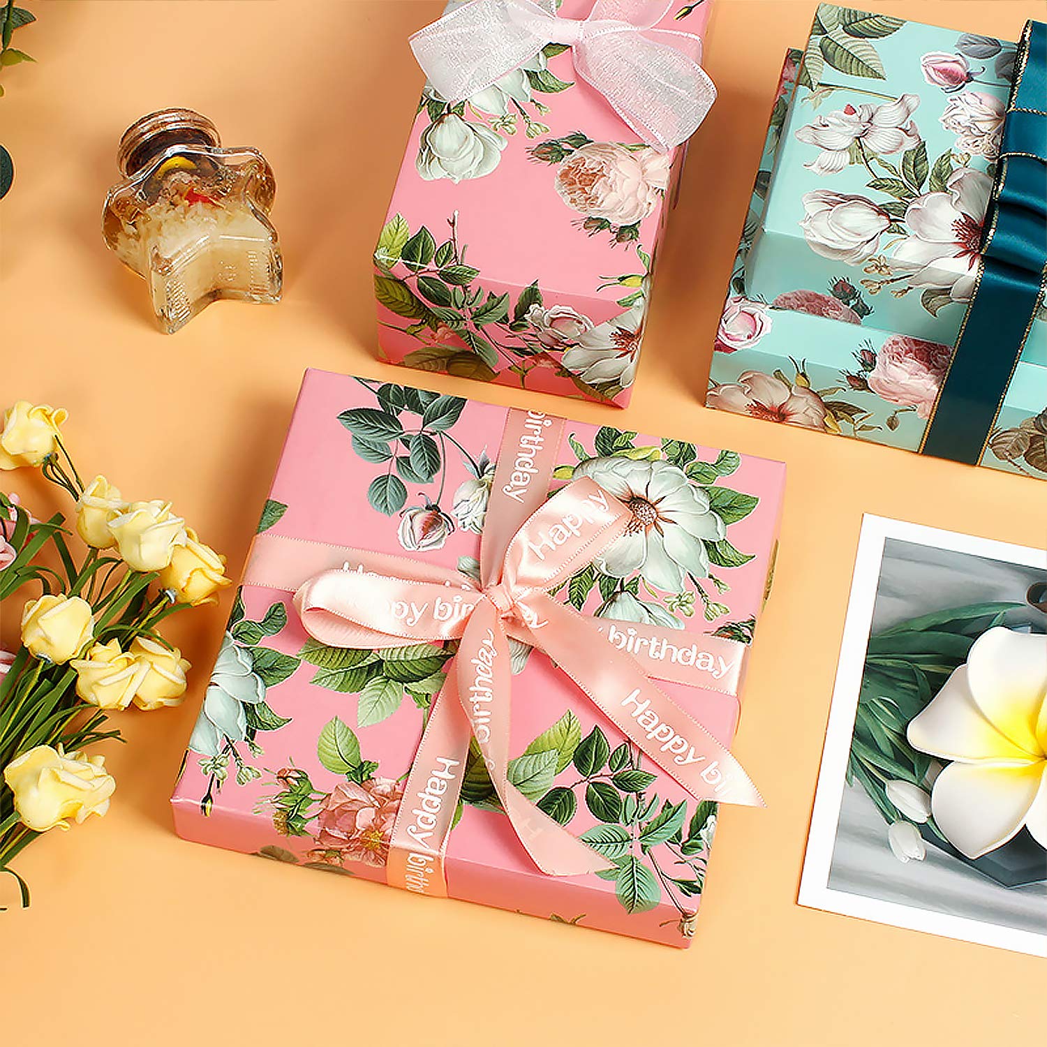 PLULON 6 Sheets Floral Birthday Gift Wrapping Paper, Wrapping Paper for Wedding, Birthdays, Valentines, Christmas