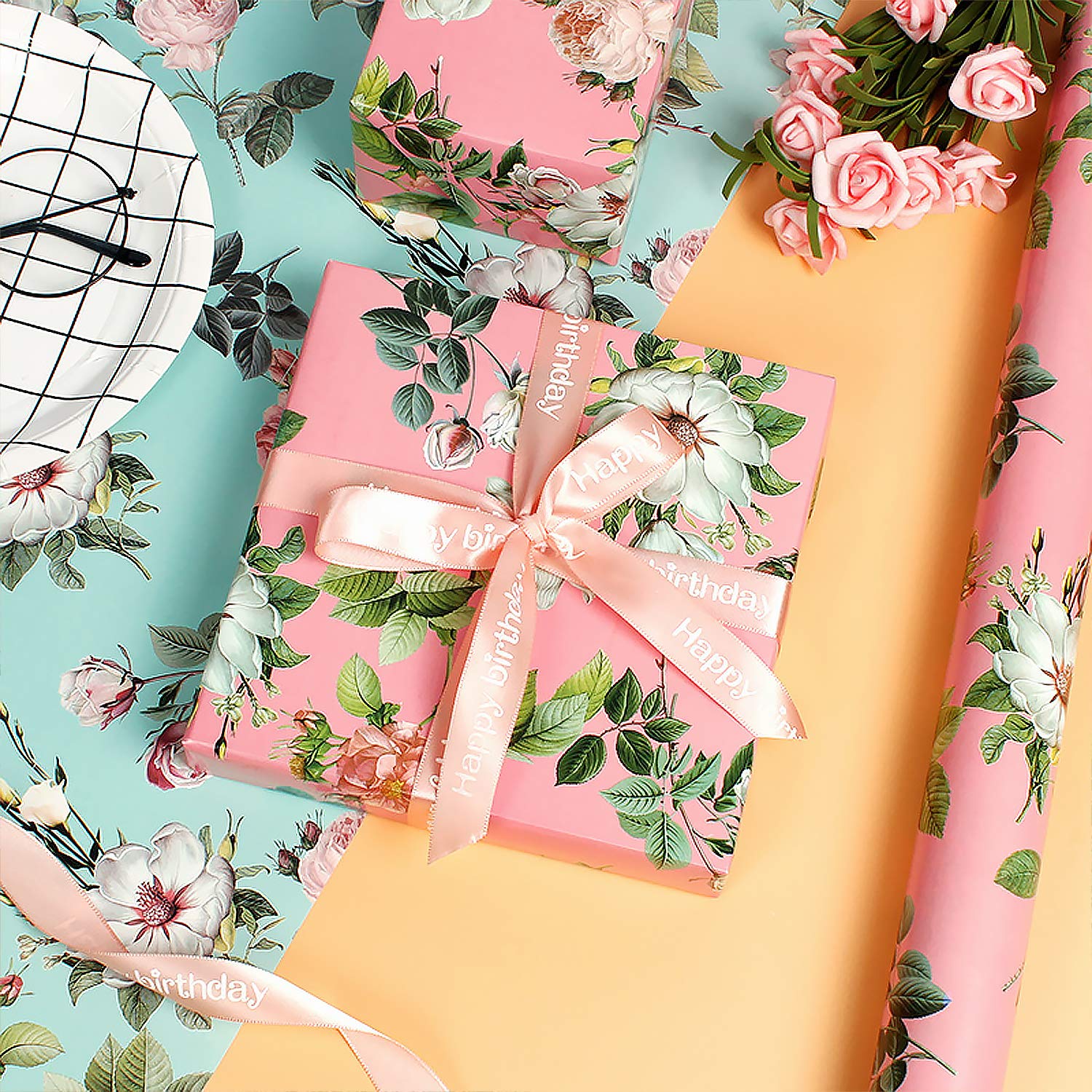 PLULON 6 Sheets Floral Birthday Gift Wrapping Paper, Wrapping Paper for Wedding, Birthdays, Valentines, Christmas