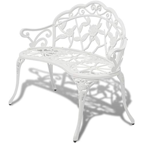 EstaHome Garden Bench | Outdoor 2-Seater Patio Bench | Metal Park Bench | Yard Seating Bench for Deck, Patio, Garden, Backyard, Balcony | White Cast Aluminium with Cast Iron Legs 39 x 21 x 31