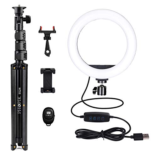 PHOPIK Selfie Ring Light with Tripod Stand:Cell Phone Ring Light Stand for Video Conference Lighting/Zoom Lighting/Makeup/Live Stream-Mini Phone Camera Ringlight for YouTube Video/Photography