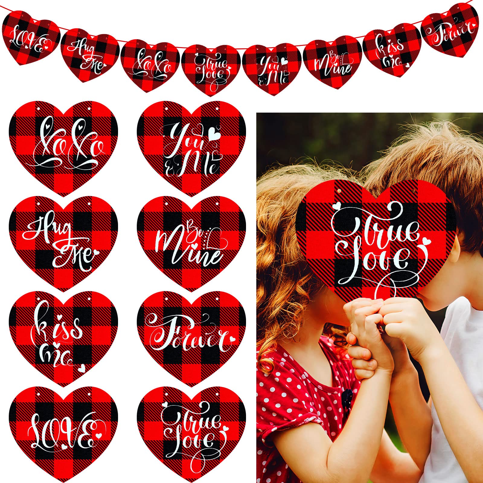 16 Pcs Valentines Heart Garland Decorations Felt 7 Inch Valentines Heart Banner Valentines Gnome Heart Decorations for Wedding Anniversary Romantic Party Favor and Supply (Plaid Heart Style)