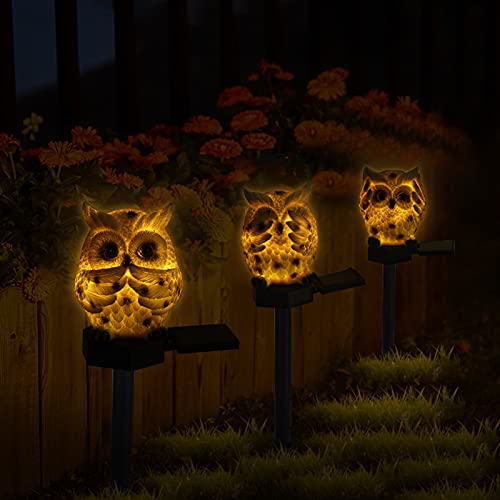 LIGHTSHINE Mini Owl Decor Outdoor Figurine Lights, IP44 Waterproof Solar Pathway Stake Lights, Solar Garden Decorations Lights, Outdoor Decorative Landscape Path Lights (3 Count)