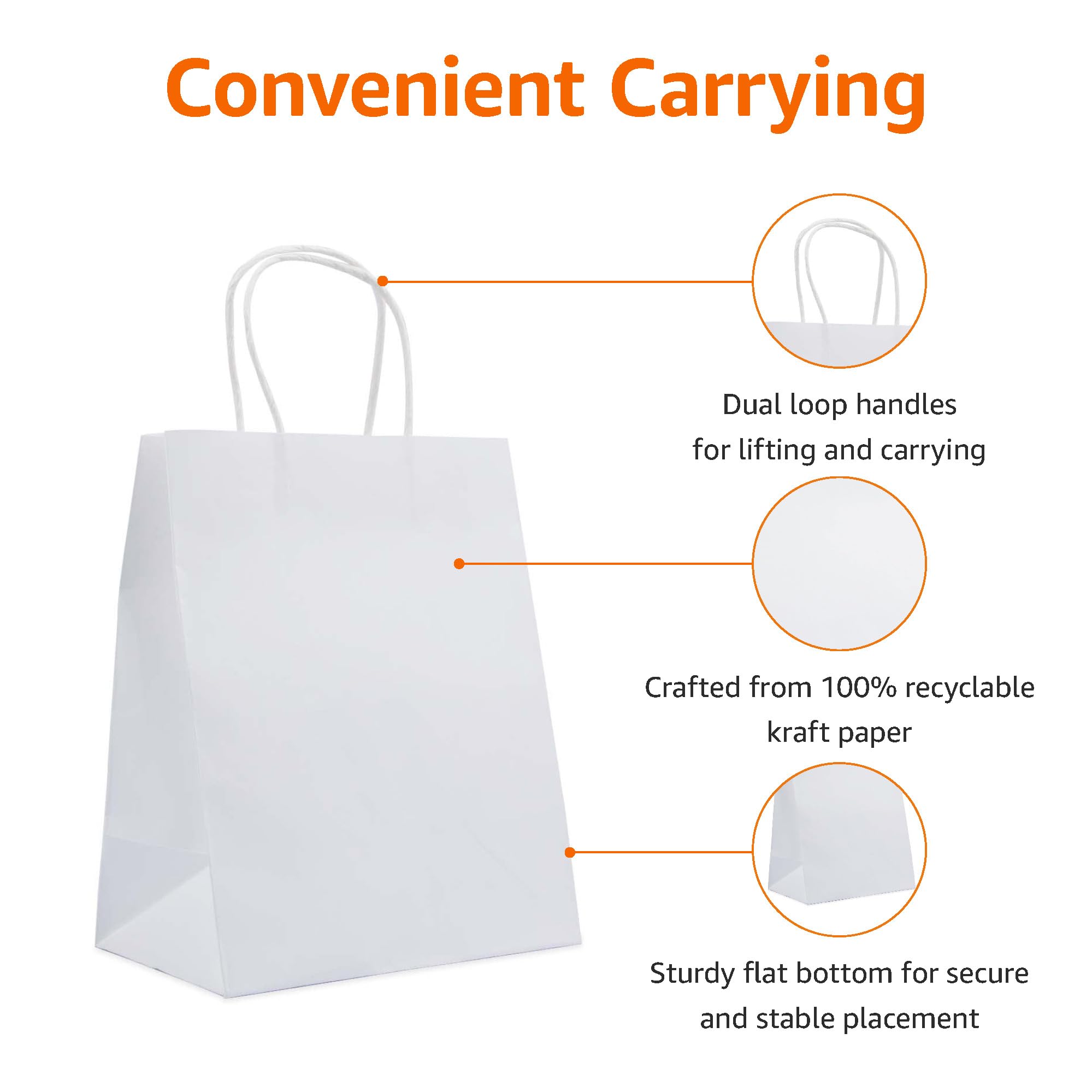 Amazon Basics Kraft Paper Bags (Small, Medium, Large) 25 Pcs Each (75 Total), White