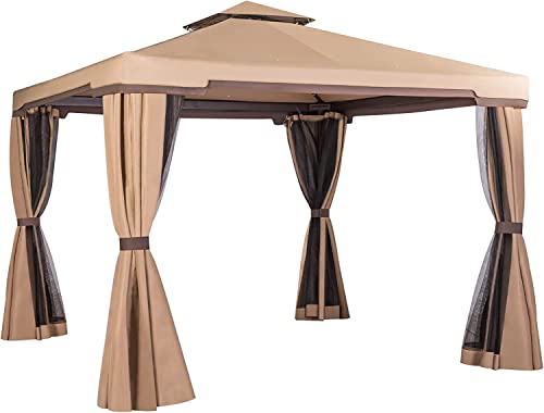 SUNCROWN 10 x 10 FT Outdoor Gazebo for Patio Aluminum Frame Garden Permanent Gazebo with Vented Soft Canopy and Mosquito Netting, Khaki