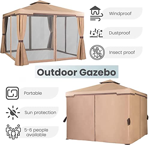SUNCROWN 10 x 10 FT Outdoor Gazebo for Patio Aluminum Frame Garden Permanent Gazebo with Vented Soft Canopy and Mosquito Netting, Khaki
