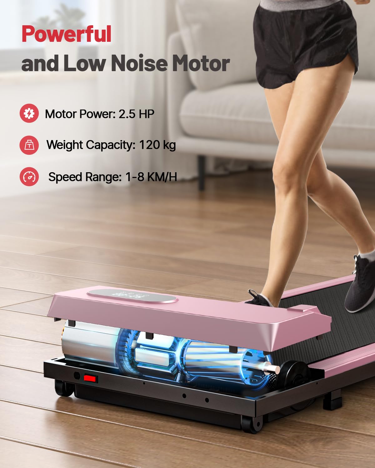Walking Pad Treadmill, 5.0MPH Portable Under Desk Treadmills for Home Office, 3 in 1, No Assembly Required, Remote Control, 300 Lb Capacity (Pink)