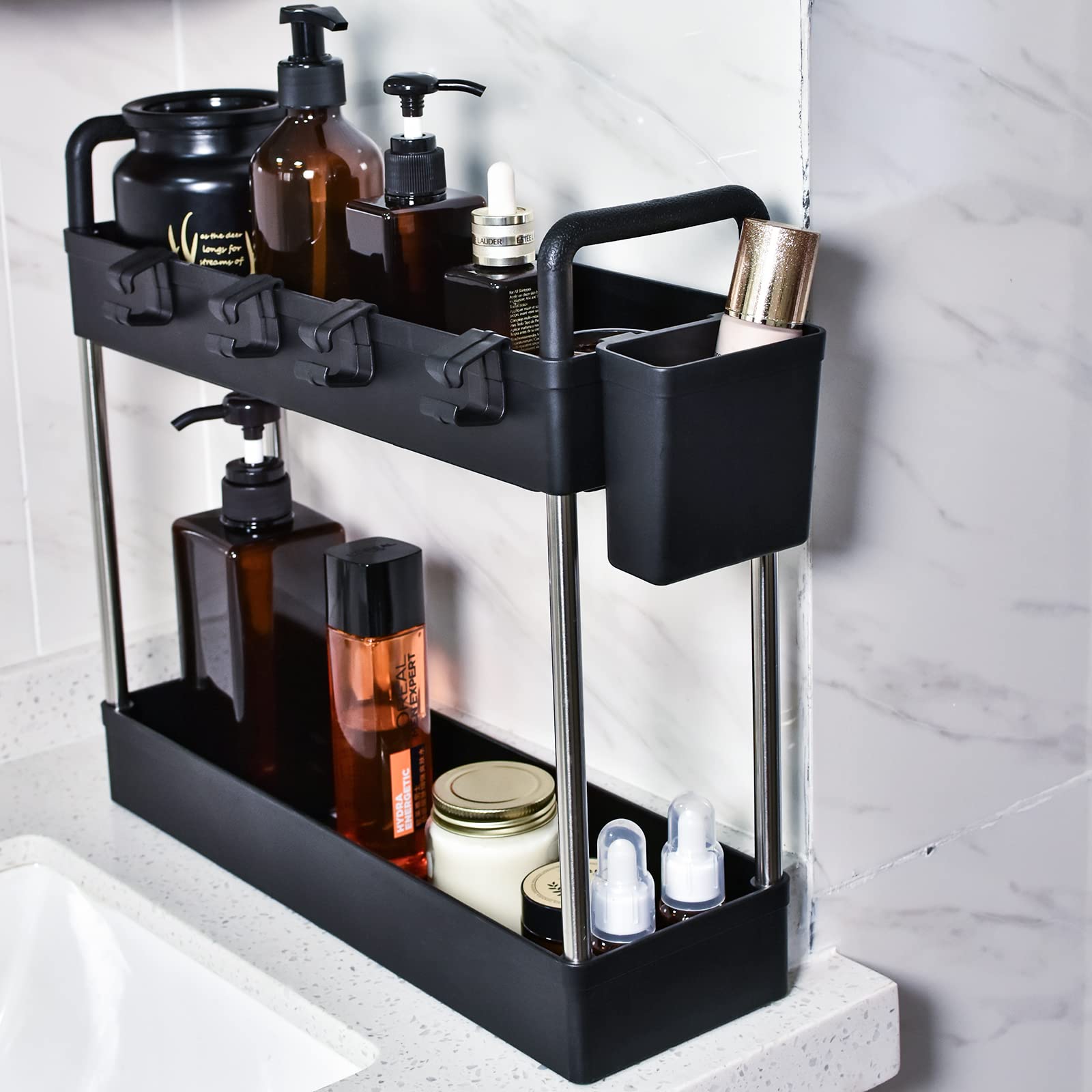CAPHONT Under Sink Organizer Shelf 2 Pack, 2 Tier Under Bathroom Sink Organizers and Storage Multifunctional Under Cabinet Storage Rack with 8 Hooks & 2 Hanging Cups for Laundry Kitchen, Black