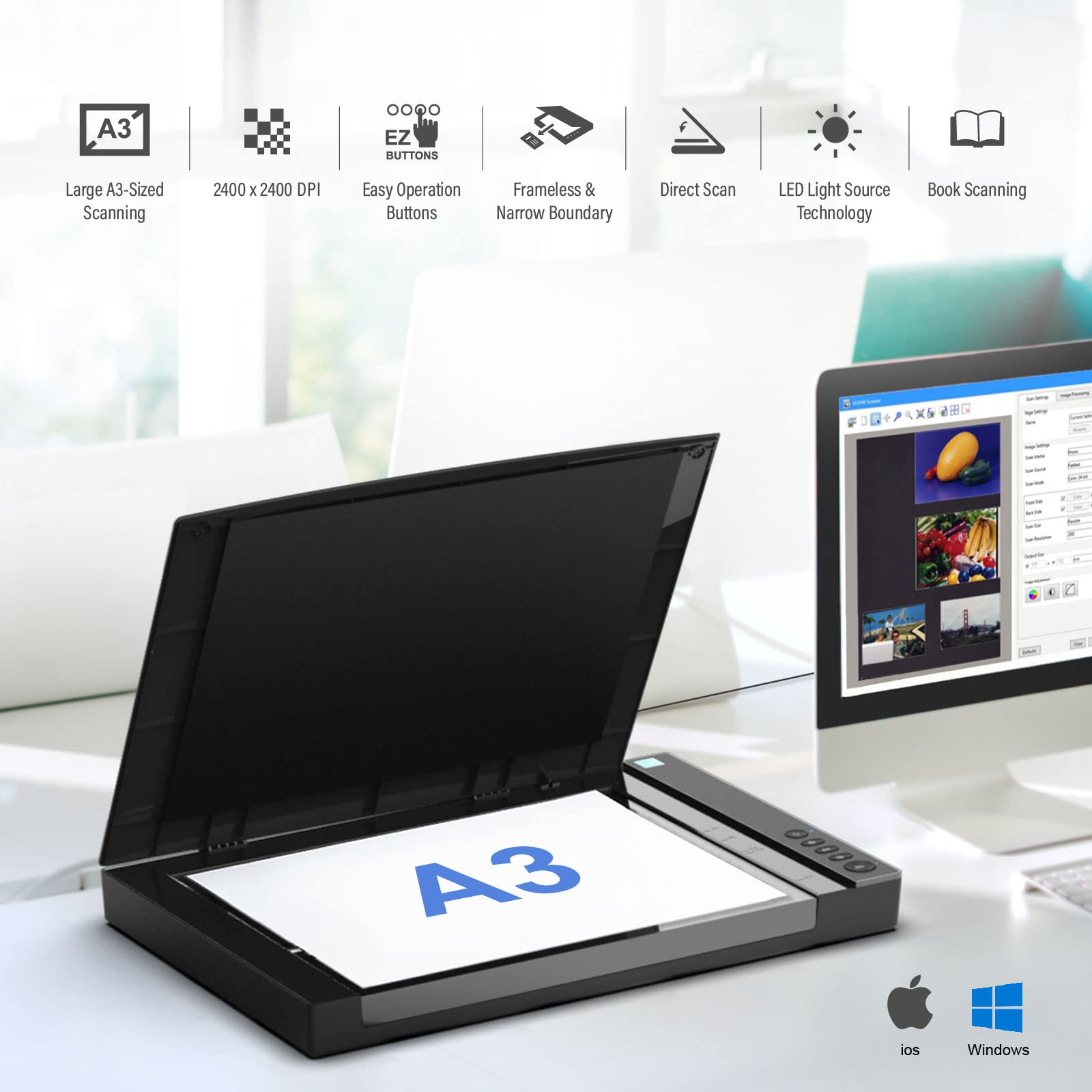 VIISAN 3240 A3 Large Format Flatbed Scanner, 2400 DPI, Scan 12"x 17" in 4 sec, Frameless, Auto-Scan, Document & Photo & Book Scanner, Design for Library, School and Soho. Supports Windows 11 & Mac
