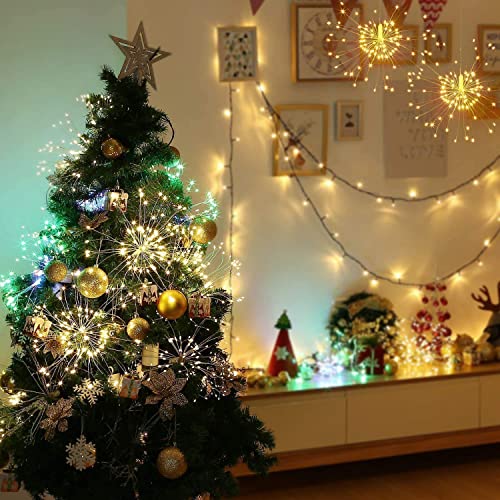 QNUBKTFY Firework Lights Wire Lights,120 LED DIY 8 Modes Dimmable String Fairy Lights with Remote Control,Waterproof Decorative Hanging Starburst Lights for Christmas Home Patio, Warmwhite(4 Pack)