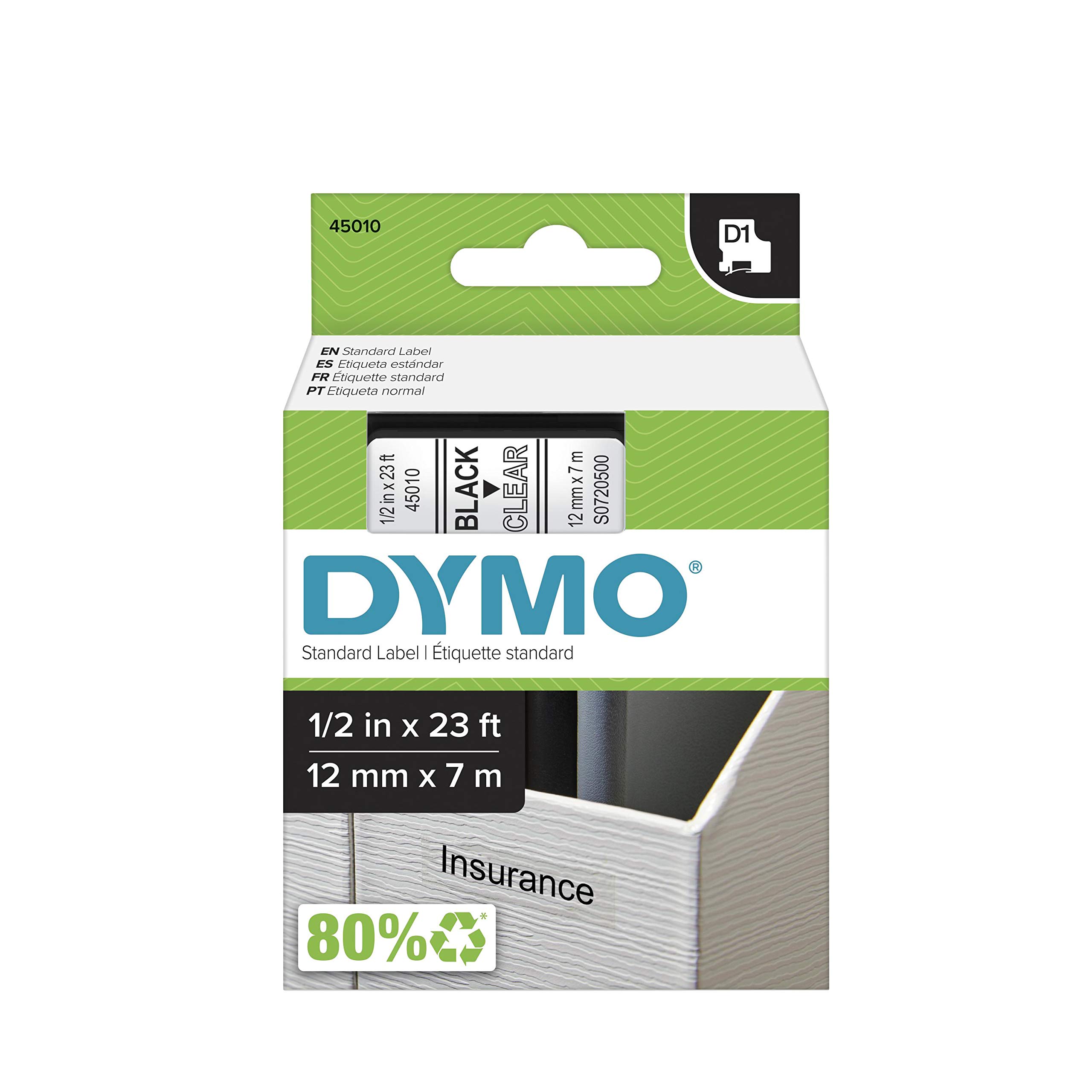 DYMO Standard D1 45010 Labeling Tape (Black Print on Clear Tape, 1/2'' W x 23' L, 1 Cartridge), DYMO Authentic