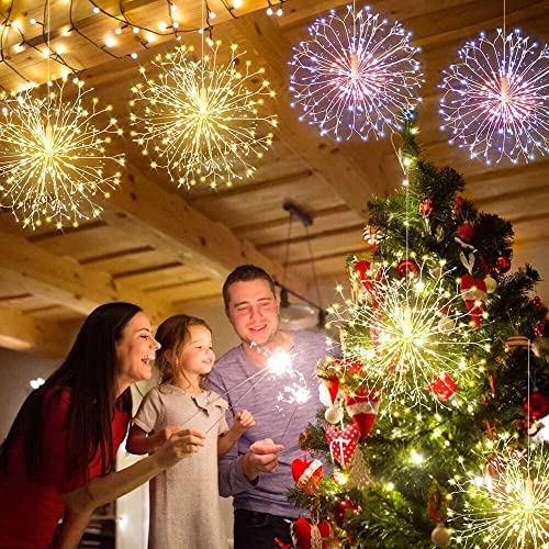 QNUBKTFY Firework Lights Wire Lights,120 LED DIY 8 Modes Dimmable String Fairy Lights with Remote Control,Waterproof Decorative Hanging Starburst Lights for Christmas Home Patio, Warmwhite(4 Pack)