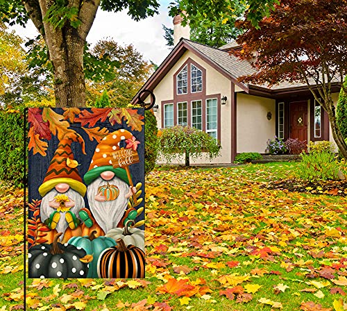BLKWHT Fall Pumpkin Gnomes Small Garden Flag 12x18 Inch Vertical Double Sided Welcome Halloween Thanksgiving Maple Leaves Burlap Yard Outdoor Decor BW031-18