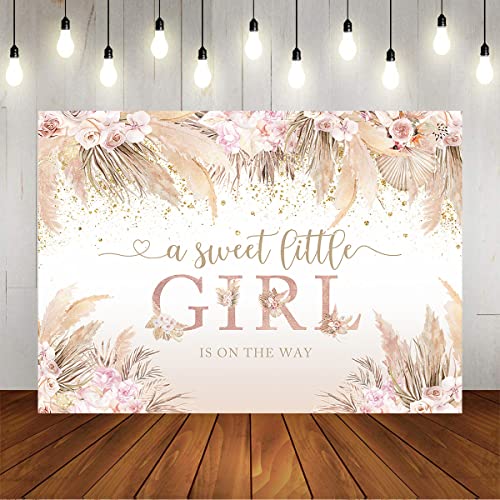 Mocsicka Boho Hello Baby Backdrop Boho Chic Pink Flowers Baby Shower Background Vinyl A Sweet Little Girl is on The Way Party Cake Table Decorations Photo Booth (7x5ft)