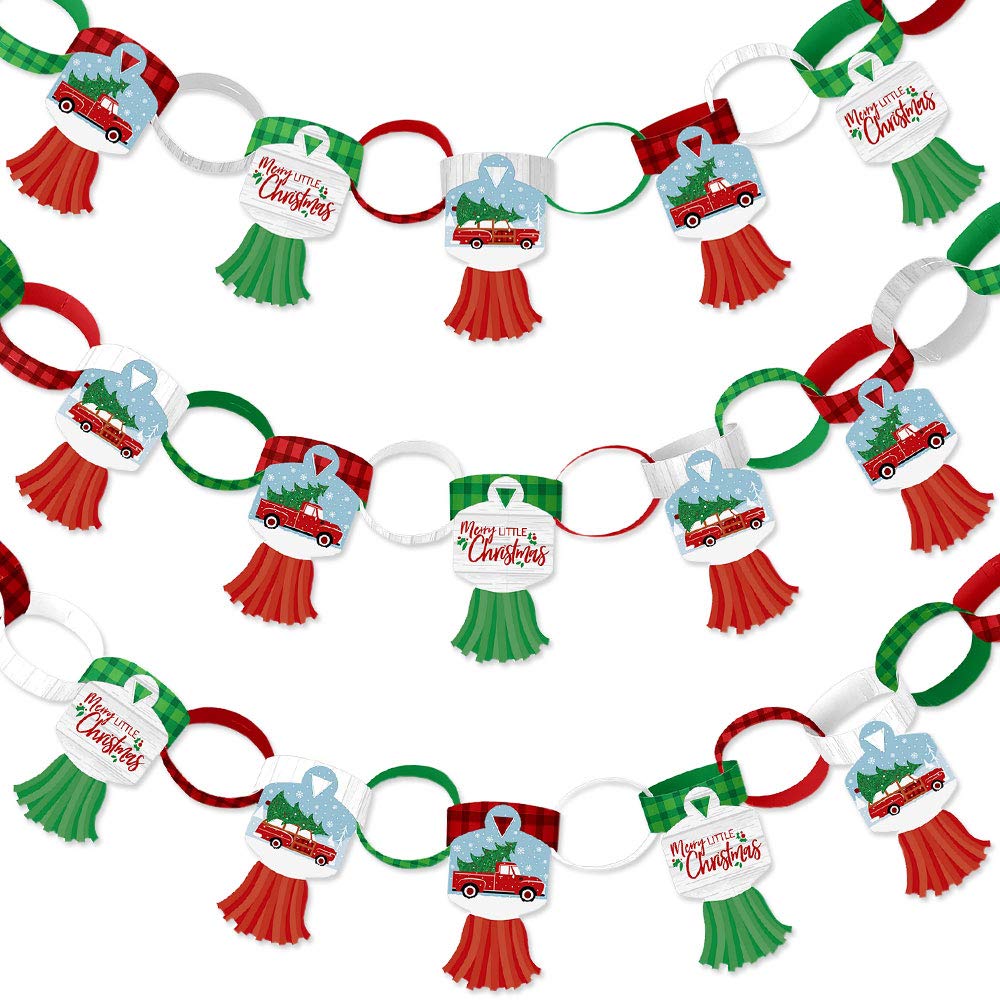 Big Dot of Happiness Merry Little Christmas Tree - 90 Chain Links and 30 Paper Tassels Decoration Kit - Red Truck and Car Christmas Party Paper Chains Garland - 21 feet