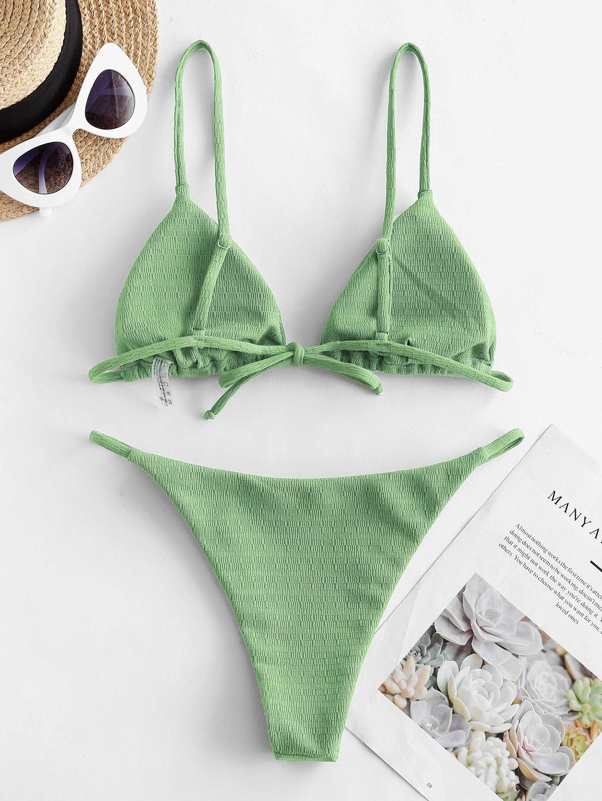 ZAFUL Womens Textured Tie String Bikini Swimwear Triangle Smocked Swimsuits Two Piece Set