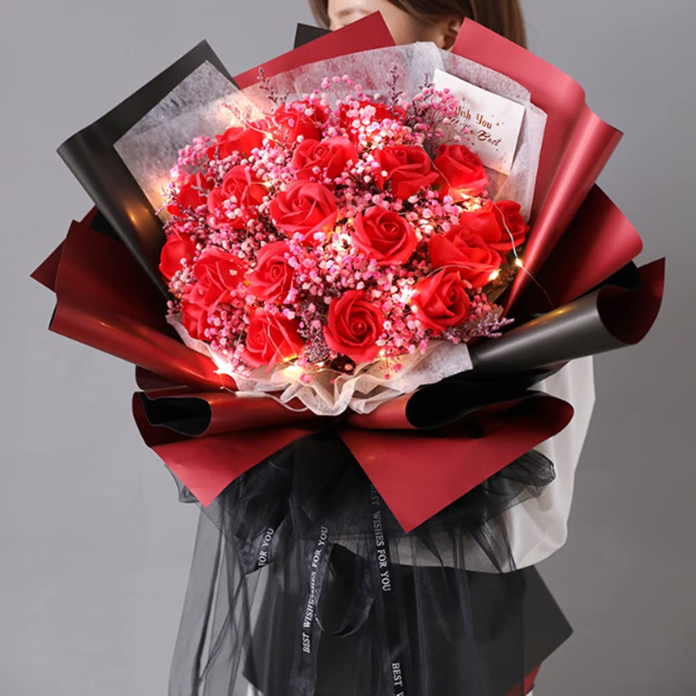 NatureMan 20 Sheets Double-Sided Colors Flower Wrapping Paper,Waterproof Valentine's Day Bouquet Wrapping Paper 22.8x22.8Inch Used for Gift Packaging, Flower Shop Bouquet Packaging (Black+Wine red)