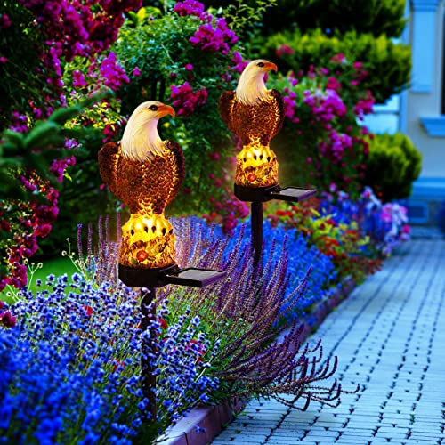 PERFECTOP 2 Pack Solar Eagle Garden Lights, Outdoor Solar Bald Eagle Figurines Decorative Stake Light, Garden Eagle Animal Bird Decor Yard Lawn Pathway Decoration Thanksgiving Christmas Ornament Gift