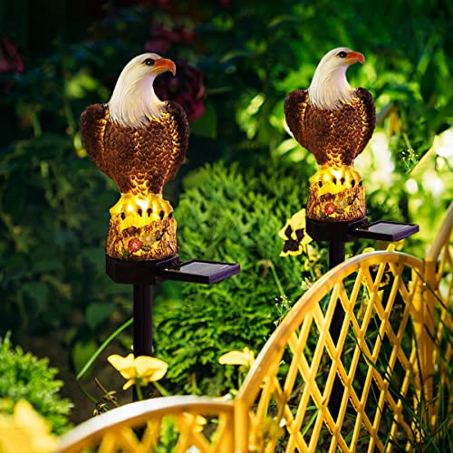 PERFECTOP 2 Pack Solar Eagle Garden Lights, Outdoor Solar Bald Eagle Figurines Decorative Stake Light, Garden Eagle Animal Bird Decor Yard Lawn Pathway Decoration Thanksgiving Christmas Ornament Gift
