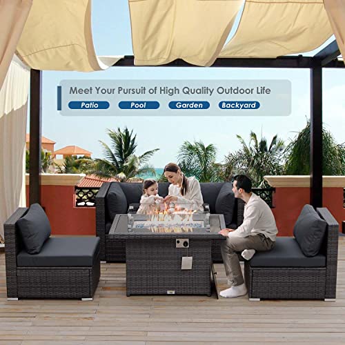 NICESOUL Large Size 5Pcs Patio Sectional Furniture Set with Firepits Outdoor High Back Conversation Sets with Gas/Propane Fire Pit Table Luxury Modular Sofa Set for Balcony Yard Garden