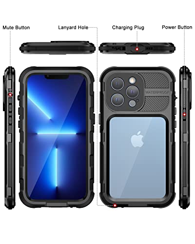 WIFORT iPhone 13 Pro Max Waterproof Metal Case - Built-in [Screen Protector][15FT Military Grade Shockproof][IP68 Water Proof], Full Body Aluminum Protective Dropproof Cover, 6.7" Black