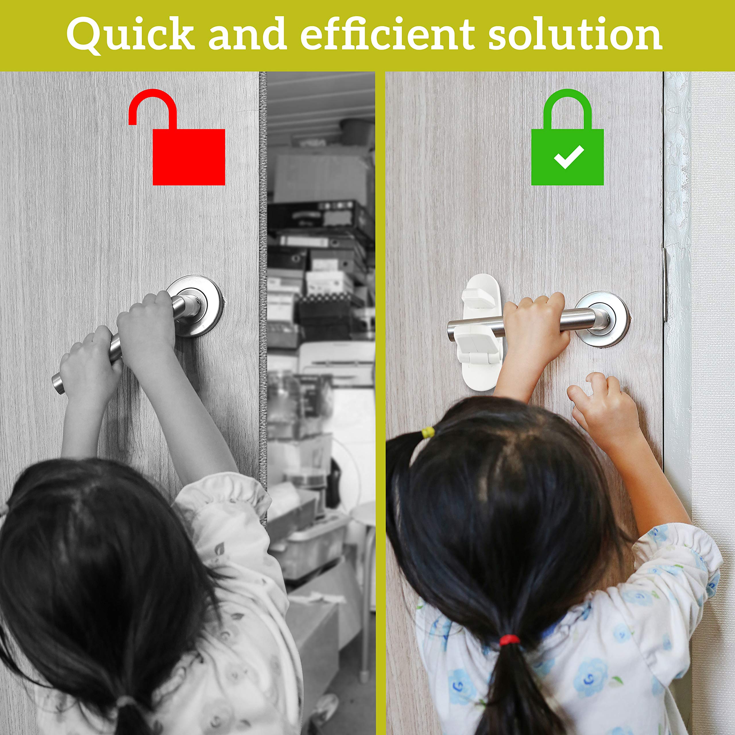 Improved Childproof Door Lever Lock (1 Pack) Prevents Toddlers from Opening Doors. Easy One Hand Operation for Adults. Durable ABS with 3M Adhesive Backing. Simple Install (White, 1-Pack)
