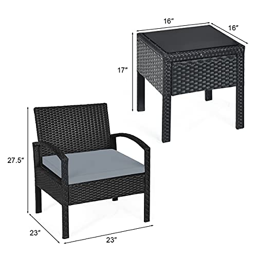 Tangkula 3 Piece Patio Conversation Set, Outdoor Rattan Sofa Set with Seat Cushions & Coffee Table, Patio Wicker Furniture Set for Garden Balcony Backyard Poolside (Grey)