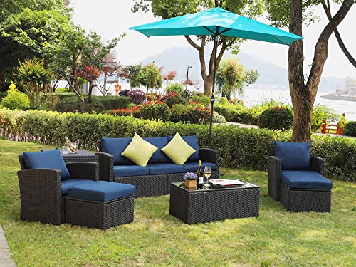 Green4ever 9 Piece Patio Furniture Set, All-Weather Outdoor Sectional Sofa Wicker Rattan Couch Patio Conversation Set with Storage Box, Coffee Table, Ottoman, and Blue Cushion