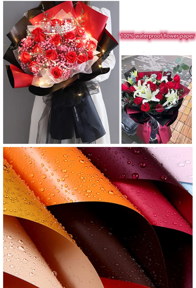 NatureMan 20 Sheets Double-Sided Colors Flower Wrapping Paper,Waterproof Valentine's Day Bouquet Wrapping Paper 22.8x22.8Inch Used for Gift Packaging, Flower Shop Bouquet Packaging (Black+Wine red)