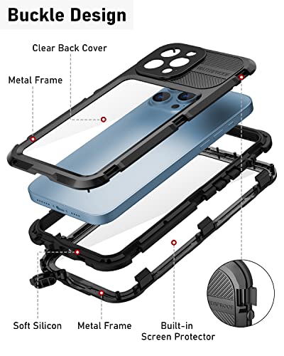 WIFORT iPhone 13 Pro Max Waterproof Metal Case - Built-in [Screen Protector][15FT Military Grade Shockproof][IP68 Water Proof], Full Body Aluminum Protective Dropproof Cover, 6.7" Black