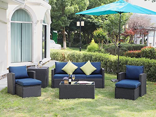 Green4ever 9 Piece Patio Furniture Set, All-Weather Outdoor Sectional Sofa Wicker Rattan Couch Patio Conversation Set with Storage Box, Coffee Table, Ottoman, and Blue Cushion
