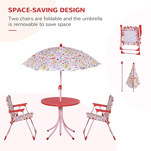 Outsunny Kids Folding Picnic Table and Chairs Set Rabbit Pattern for Outdoor Garden Patio Backyard with Removable & Height Adjustable Sun Umbrella, Red