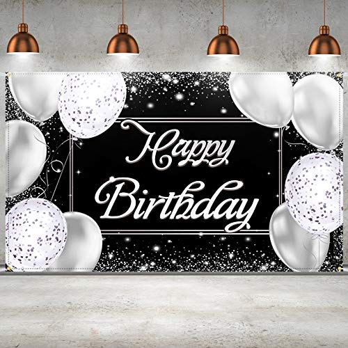 Happy Birthday Backdrop Banner Black and Silver Photography Background Happy Birthday Banner Large Birthday Party Sign Poster Photography Backdrop Party Decoration Supplies for Men and Women