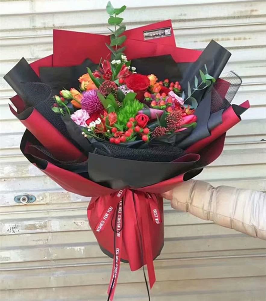 NatureMan 20 Sheets Double-Sided Colors Flower Wrapping Paper,Waterproof Valentine's Day Bouquet Wrapping Paper 22.8x22.8Inch Used for Gift Packaging, Flower Shop Bouquet Packaging (Black+Wine red)