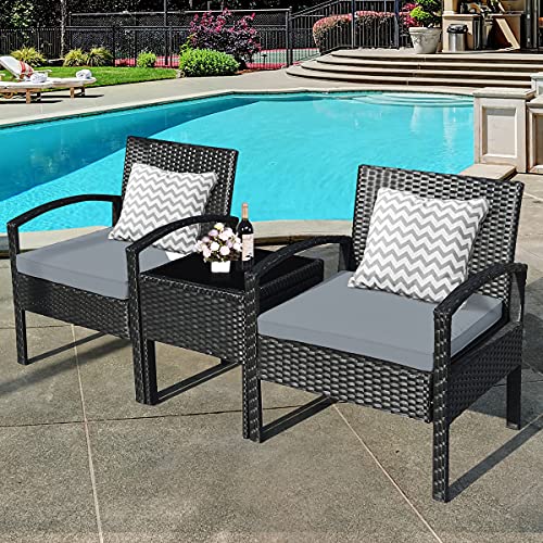 Tangkula 3 Piece Patio Conversation Set, Outdoor Rattan Sofa Set with Seat Cushions & Coffee Table, Patio Wicker Furniture Set for Garden Balcony Backyard Poolside (Grey)