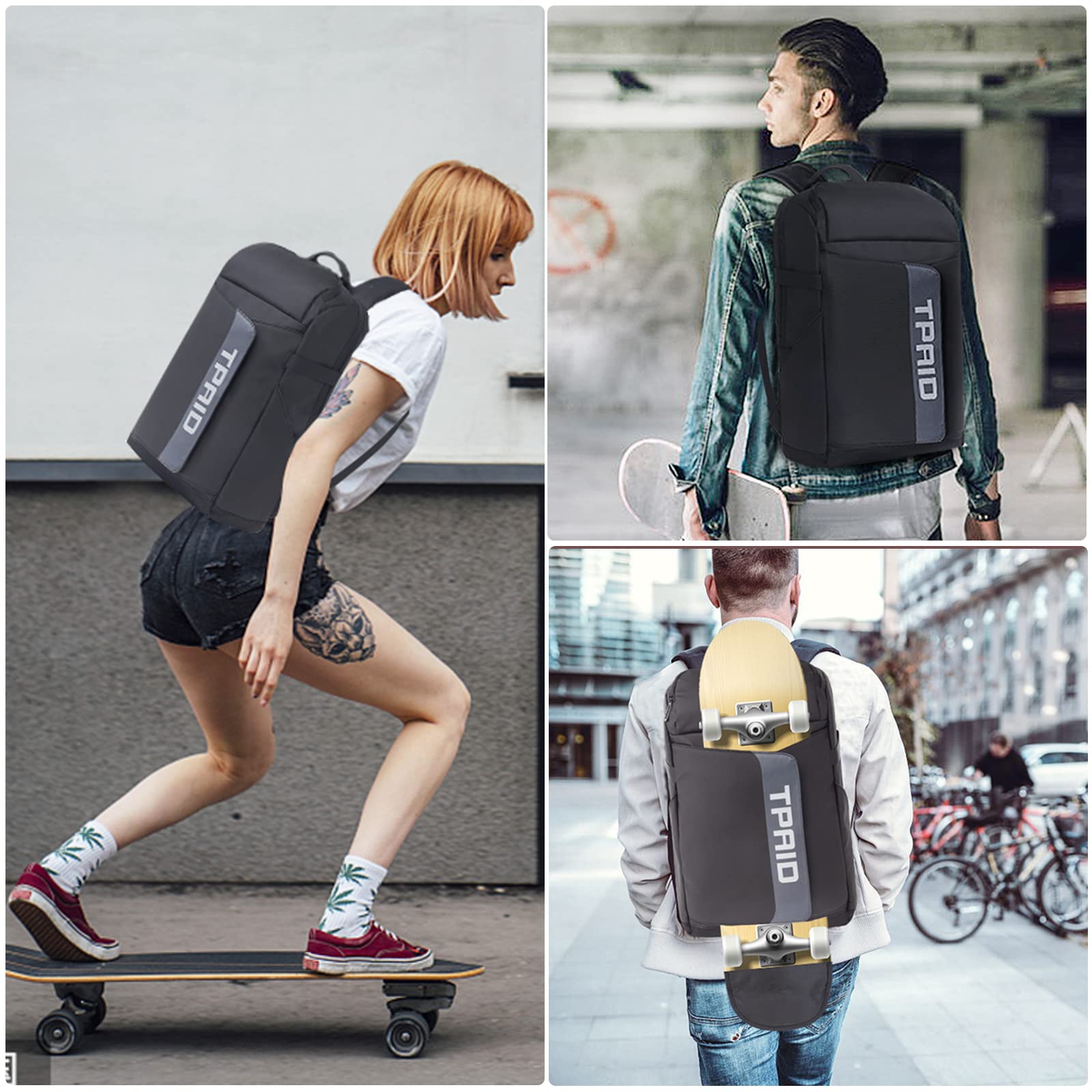 TPAID Skateboard Backpacks With Adjustable Shoulder Strap for Boys and Girls, Street Trend Skate Carry Bags