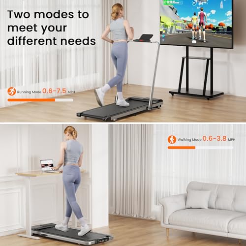 2 in 1 Under Desk Treadmill, 3.0HP Folding Treadmill with 300 LBS for Home, Portable Compact Walking Pad with 12 Programs (Orange)