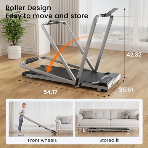 2 in 1 Under Desk Treadmill, 3.0HP Folding Treadmill with 300 LBS for Home, Portable Compact Walking Pad with 12 Programs (Orange)