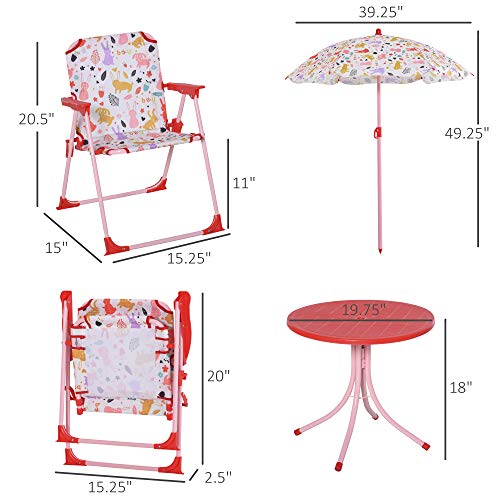 Outsunny Kids Folding Picnic Table and Chairs Set Rabbit Pattern for Outdoor Garden Patio Backyard with Removable & Height Adjustable Sun Umbrella, Red