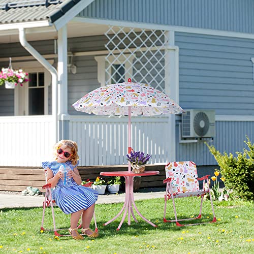 Outsunny Kids Folding Picnic Table and Chairs Set Rabbit Pattern for Outdoor Garden Patio Backyard with Removable & Height Adjustable Sun Umbrella, Red