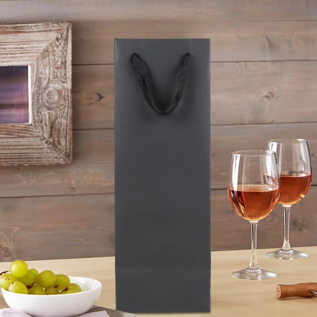 Aimyoo Black Wine Bottle Bags 4x4x14 inch, 10 Pack Large Kraft Paper Gift Bags with Handles Bulk