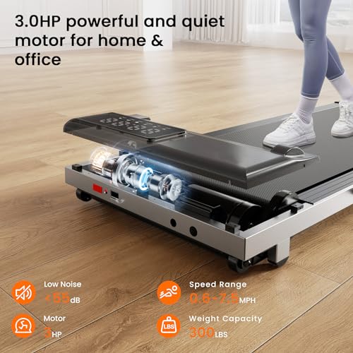 2 in 1 Under Desk Treadmill, 3.0HP Folding Treadmill with 300 LBS for Home, Portable Compact Walking Pad with 12 Programs (Orange)