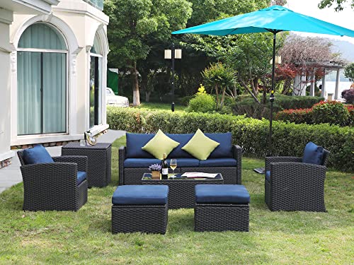 Green4ever 9 Piece Patio Furniture Set, All-Weather Outdoor Sectional Sofa Wicker Rattan Couch Patio Conversation Set with Storage Box, Coffee Table, Ottoman, and Blue Cushion