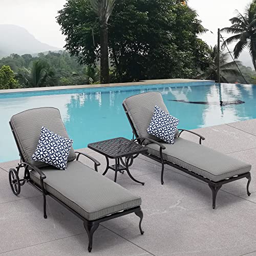 Villeston Lounge Chairs for Outside, Chaise Lounges Outdoor Pool Chair Set of 3 Cast Aluminum Patio Furniture Tanning with Gray Cushion and Pillows Recliner