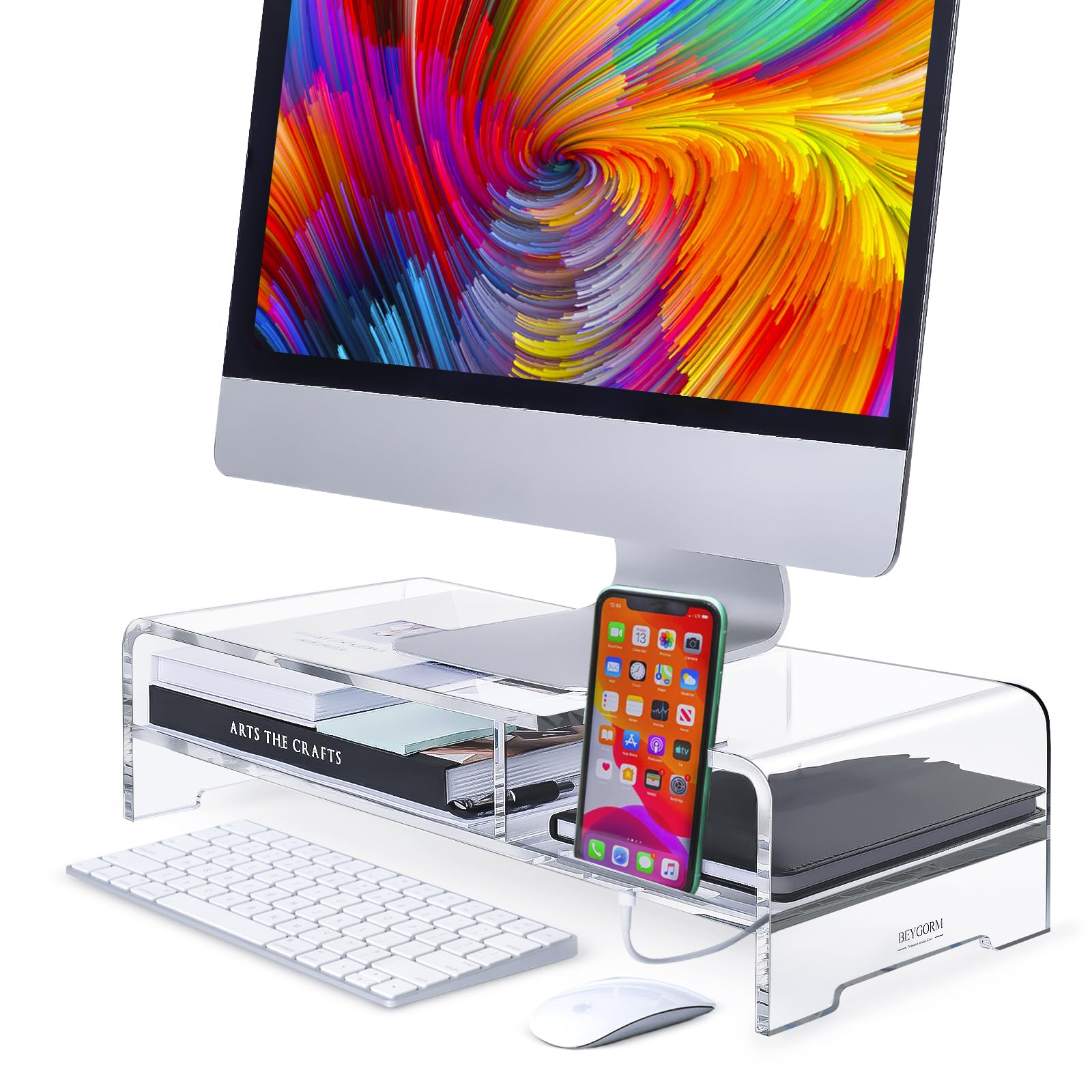 BEYGORM Acrylic Monitor Stand Riser, Wide 20", 2 Tier Computer Stand with Storage, Desk Organizer Desktop Printer Stand Laptop Storage Shelf Screen Holder with Phone Holder(Clear)