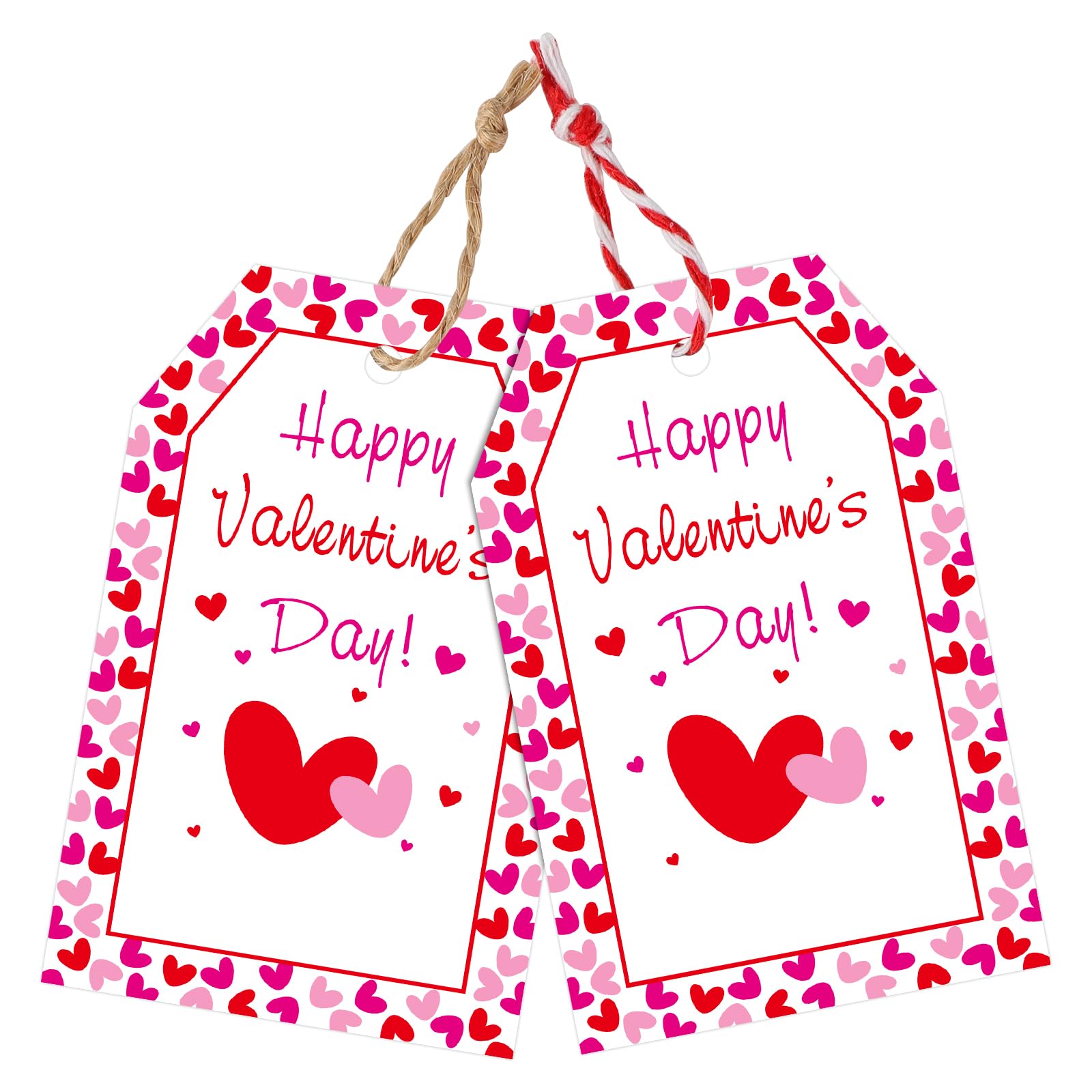 100Pcs Pink Valentine's Day Gift Tags with String, Chamfer Happy Valentine's Day Paper Hangtags, Personalized Gift Tags for Gift Wrap, Valentine's Day Party and Celebrations Decorations(3.34"x2.16")